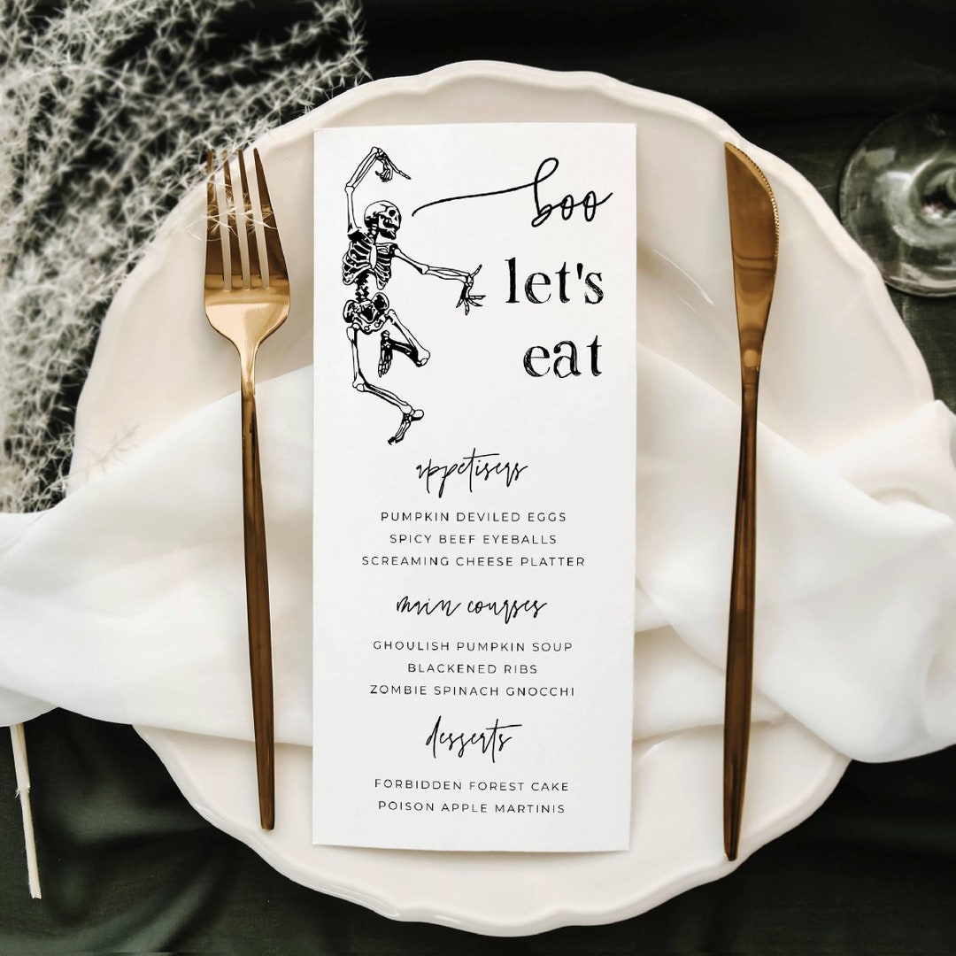 Halloween Dancing Skeleton Menu Template, Printable Spooky Dinner Party ...