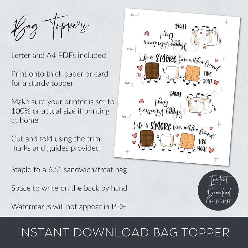 S'mores Valentine's Day Treat Bag Toppers, Printable Valentine Tags, S ...