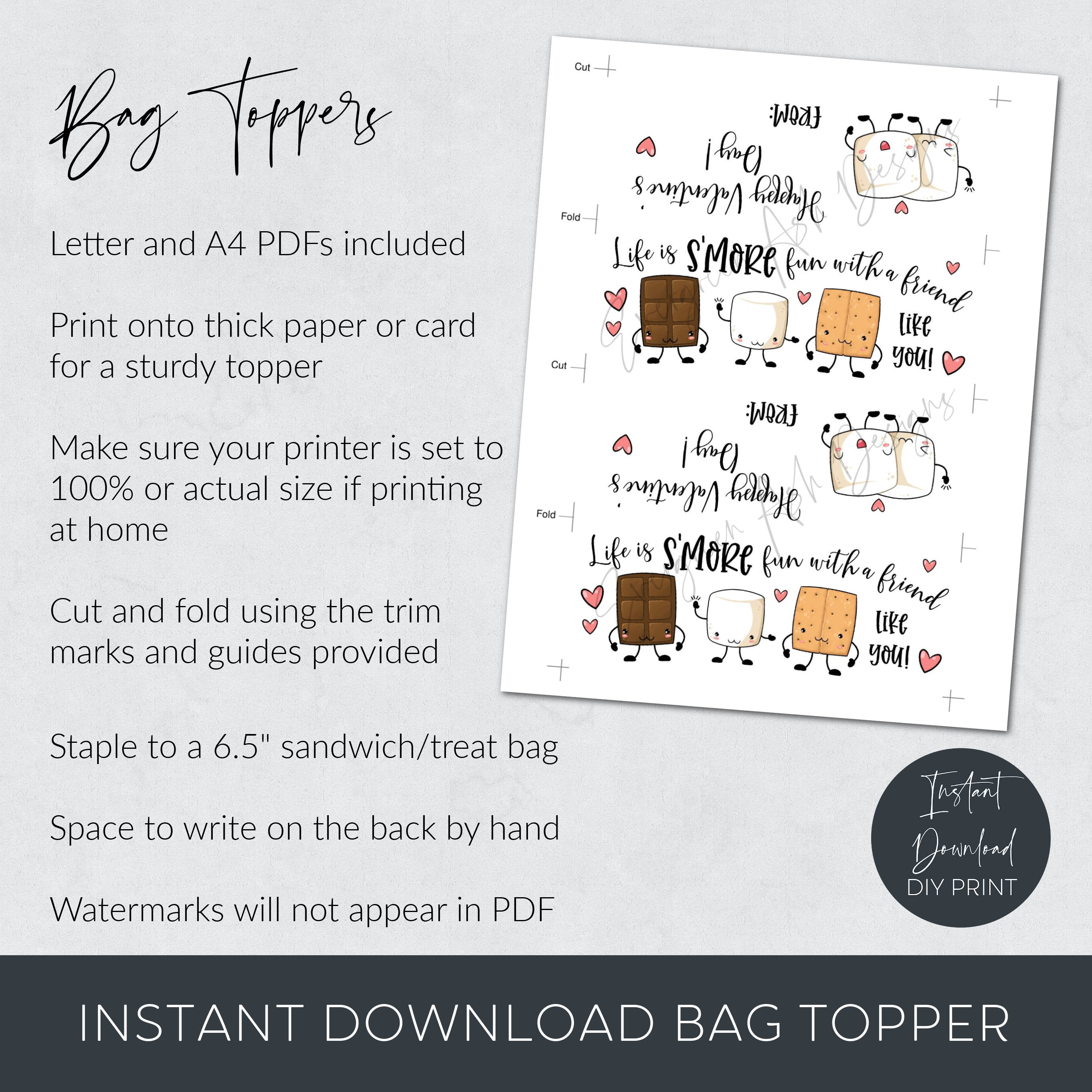 S'mores Valentine's Day Treat Bag Toppers, Printable Valentine Tags, S ...