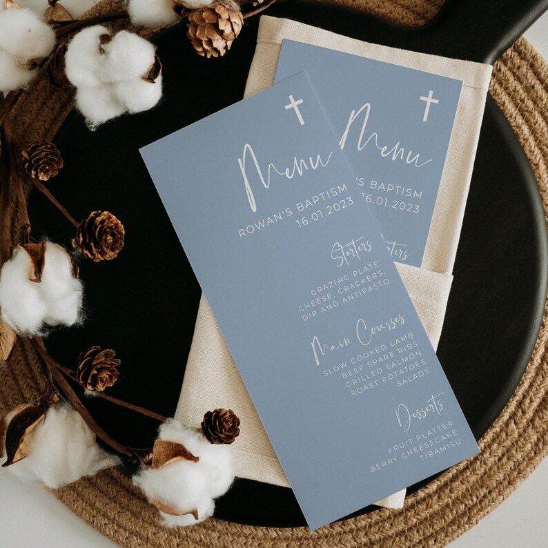Dusty Blue Baptism Menu Template Printable Christening Table - Etsy