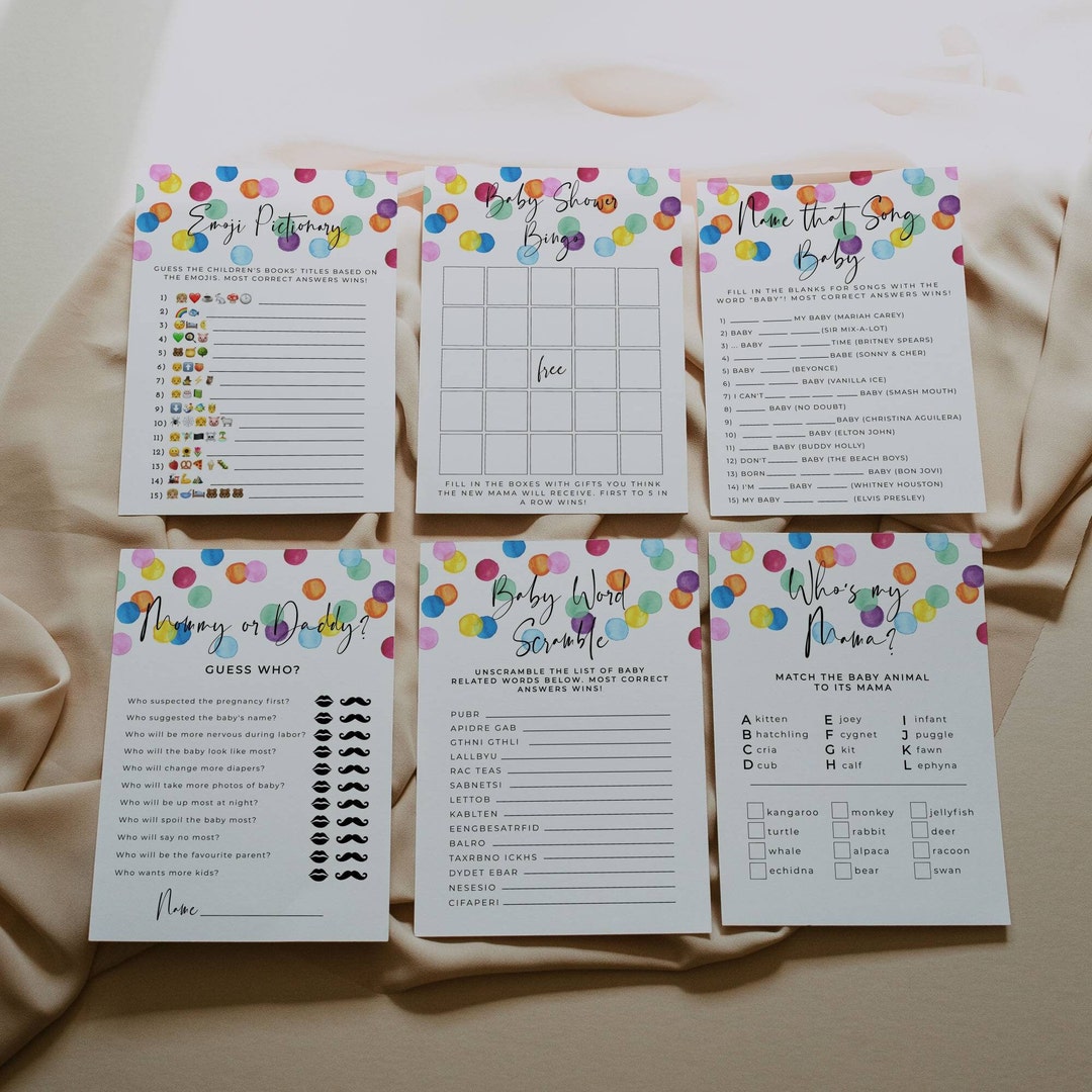 Baby Shower Games Bundle, Printable Rainbow Spots Confetti Party Games ...