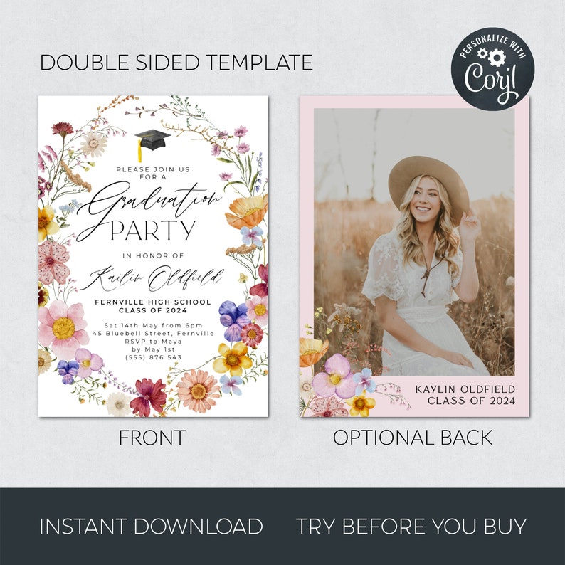 Wildflowers Graduation Invitation Template, Printable Photo Graduate ...