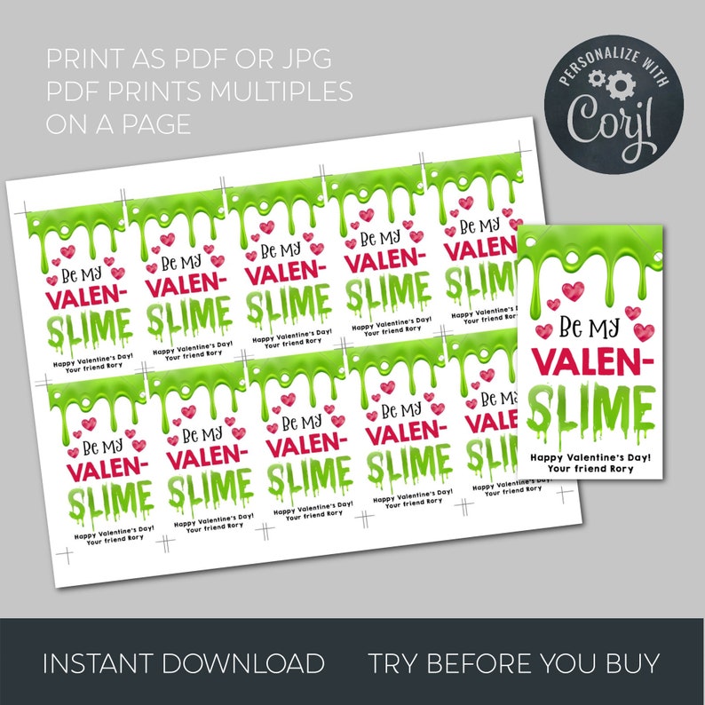 Be My Valen-slime Gift Tag Template, Printable Valentine's Day Slime ...