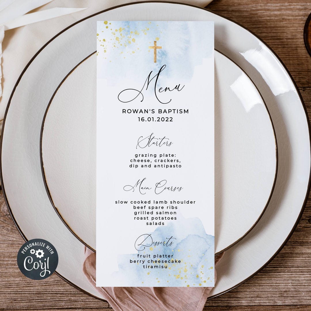 Blue Watercolor Baptism Menu Template, Printable Christening Table Menu ...