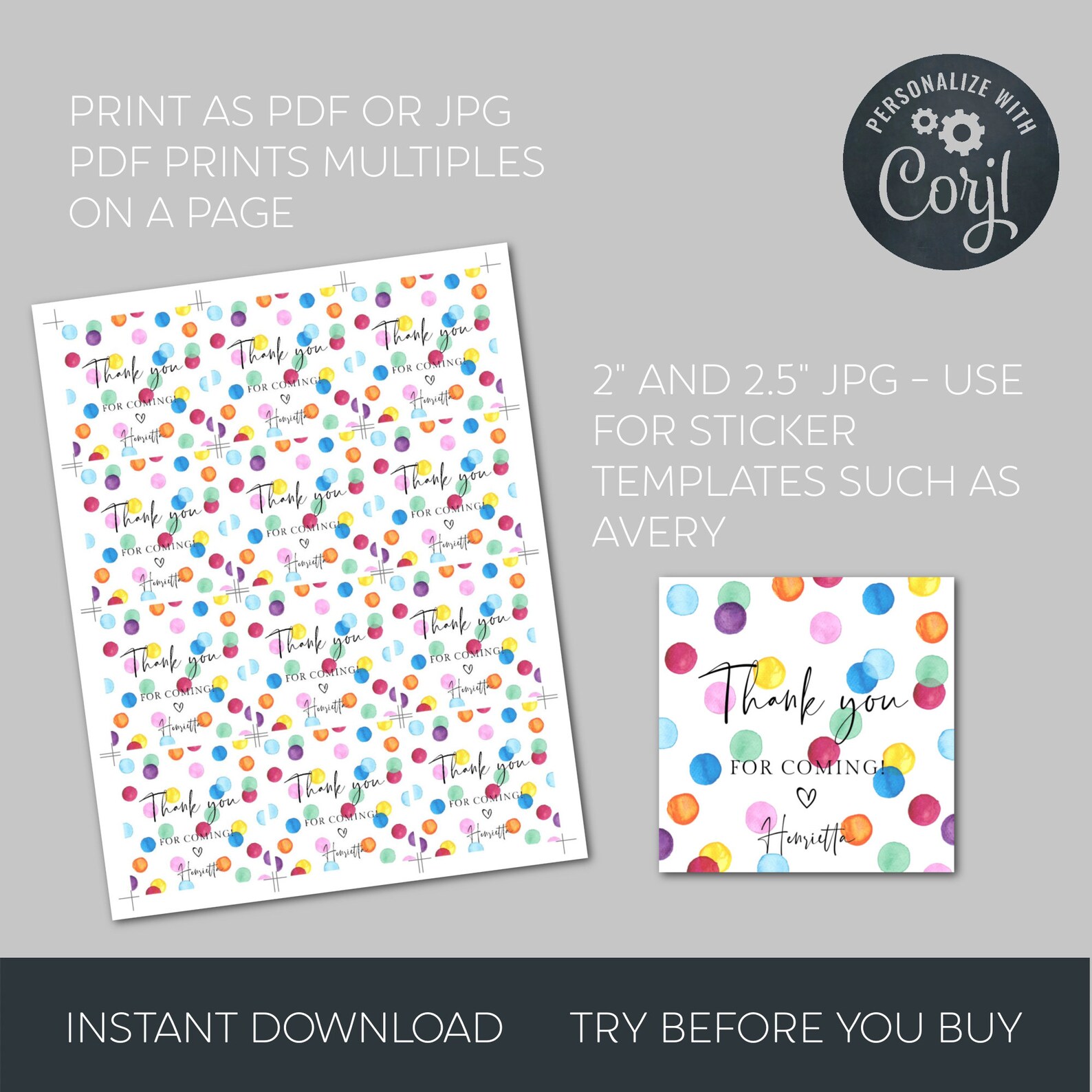 Rainbow Spots Square Favor Tag Template Printable Thank You - Etsy