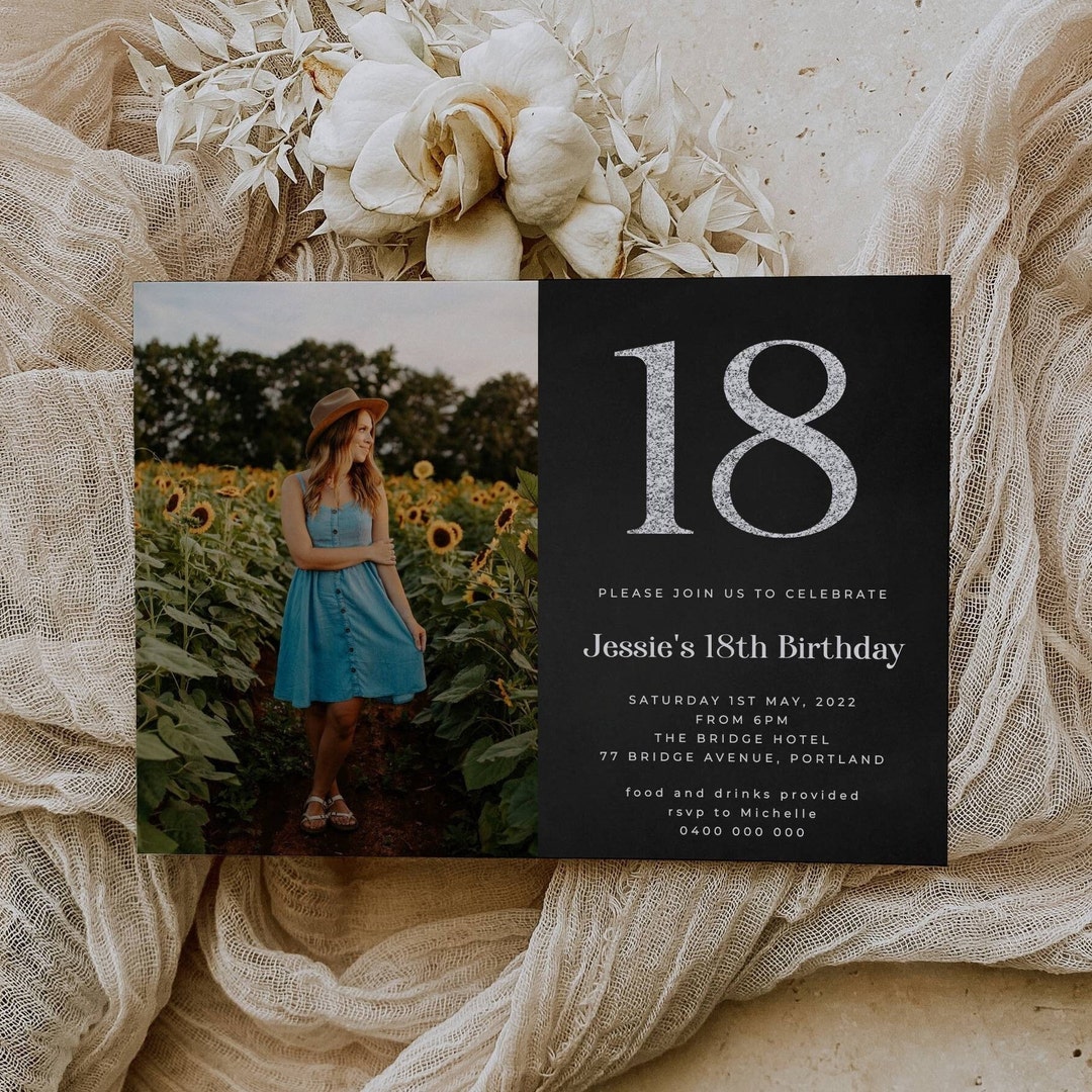 18th Birthday Photo Invitation Template, Printable Silver Glitter ...