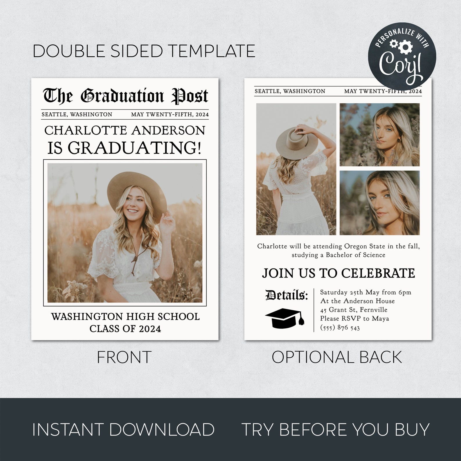 Newspaper Graduation Party Invitation Template, Printable Modern Photo ...