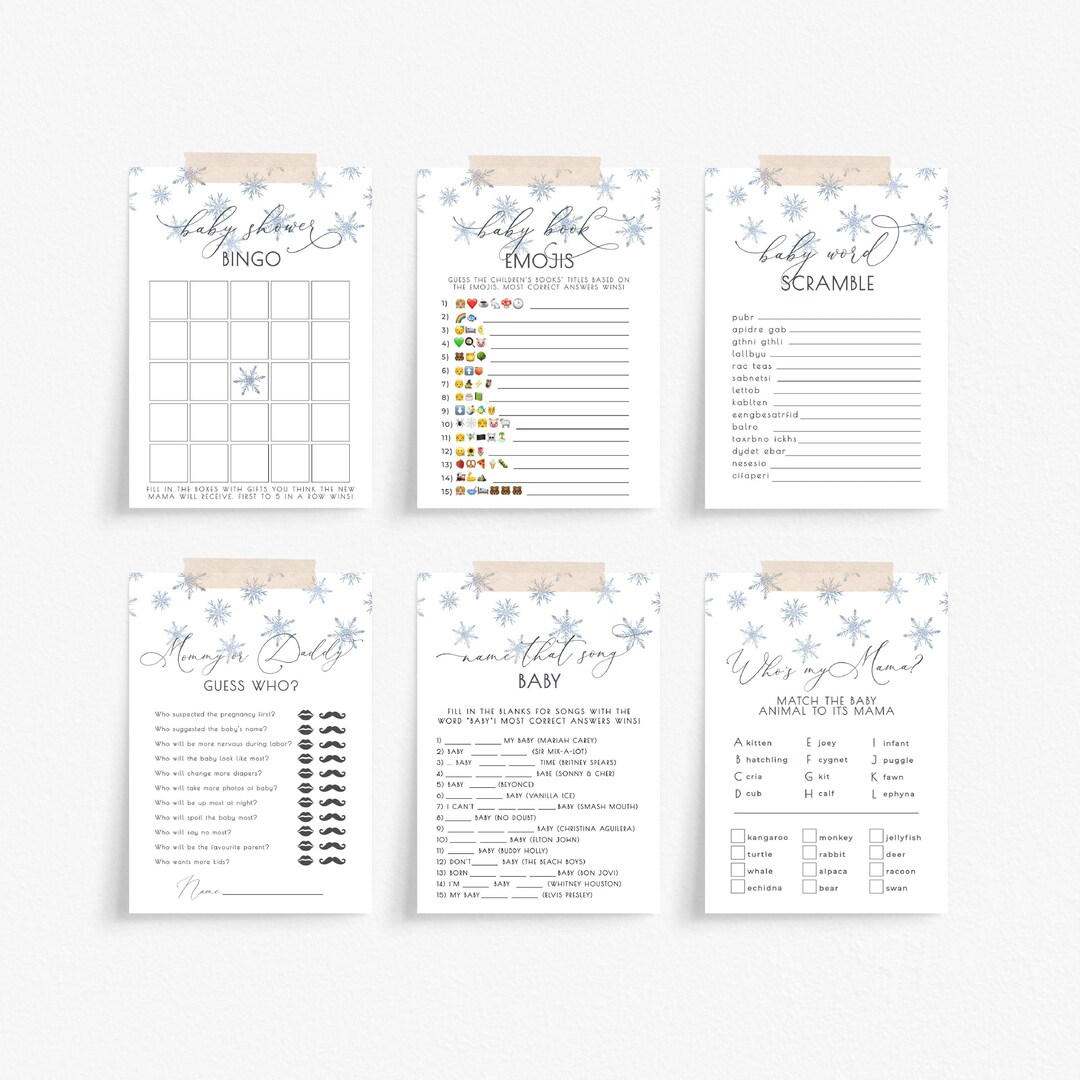 Winter Snowflake Baby Shower Games Bundle, Printable Christmas Baby ...
