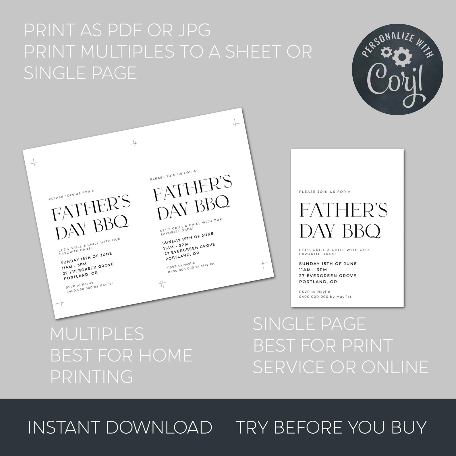 Father's Day BBQ Invitation Template, Printable Minimalist Grill ...
