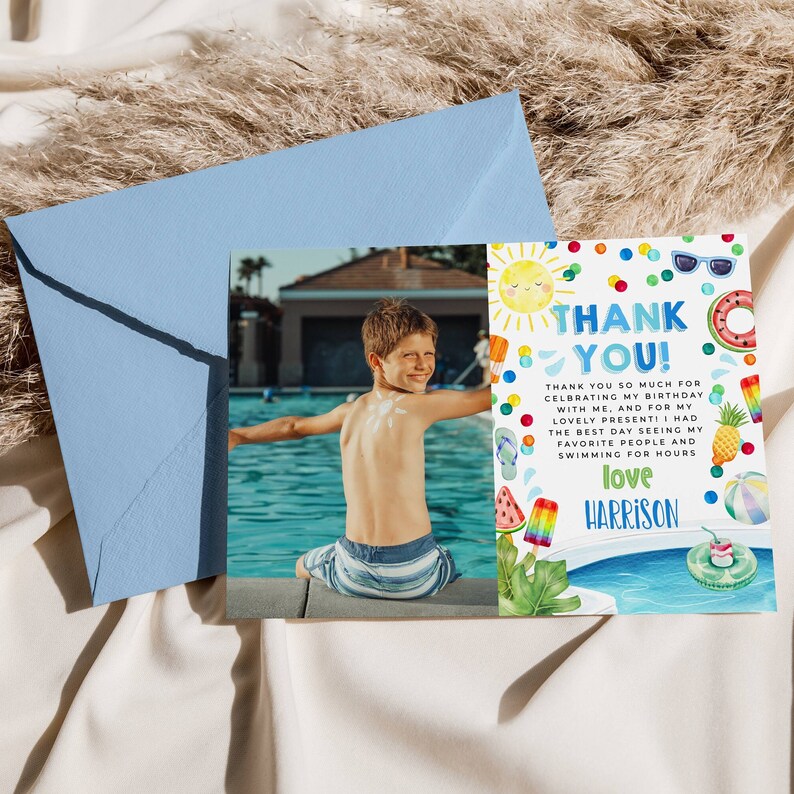 Pool Party Birthday Photo Thank You Card Template Printable | Etsy
