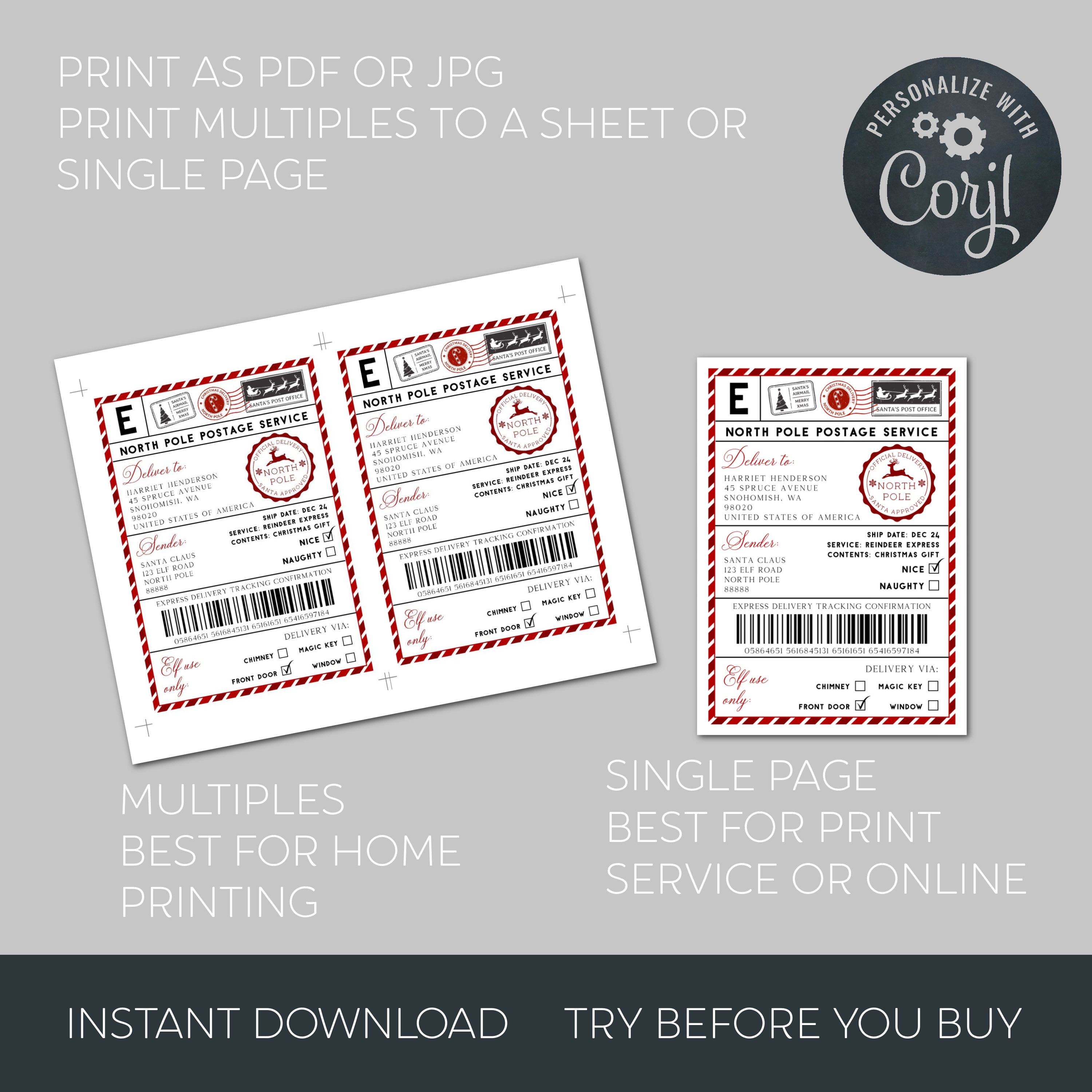 Editable Santa Mail North Pole Shipping Label Template, Printable Santa ...