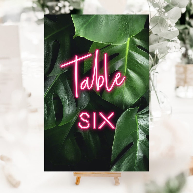 Neon Tropical Table Number Template, Printable Destination Beach ...