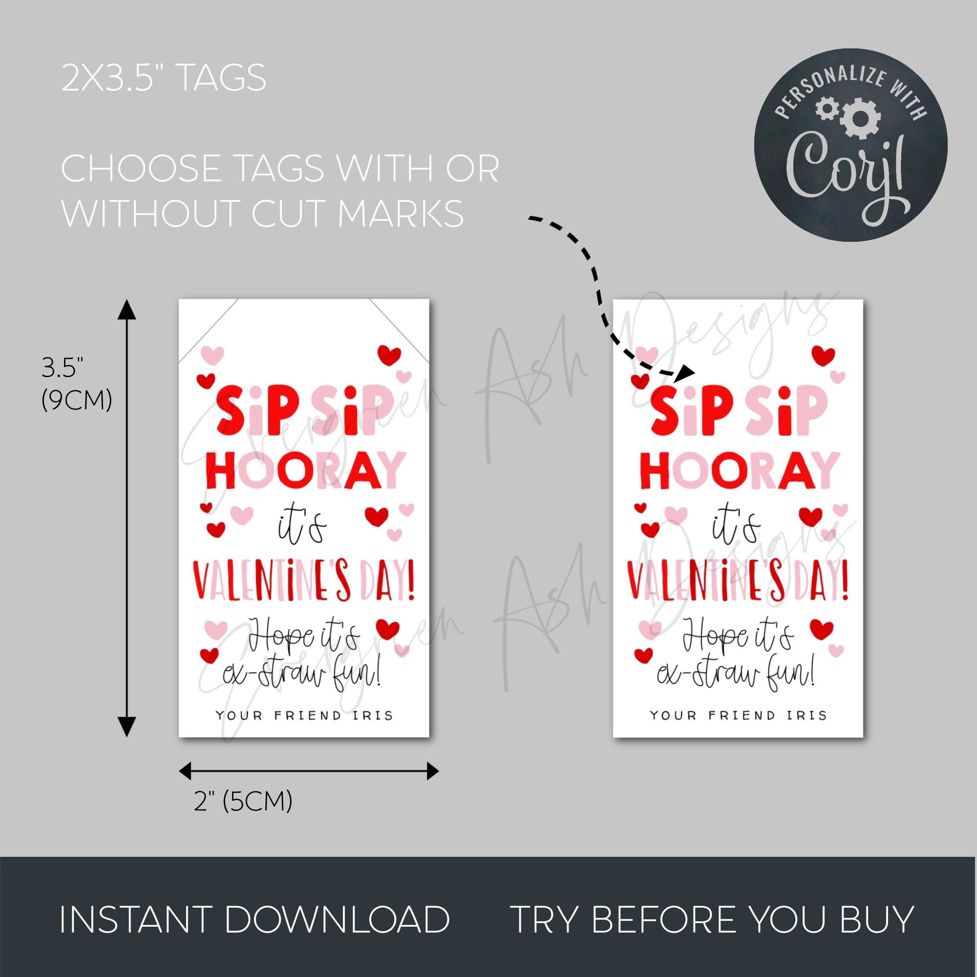 Sip Sip Hooray Valentine's Day Gift Tag Template, Printable Crazy Straw ...