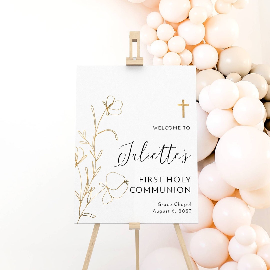First Communion Welcome Sign Template, Printable Gold Floral 1st ...