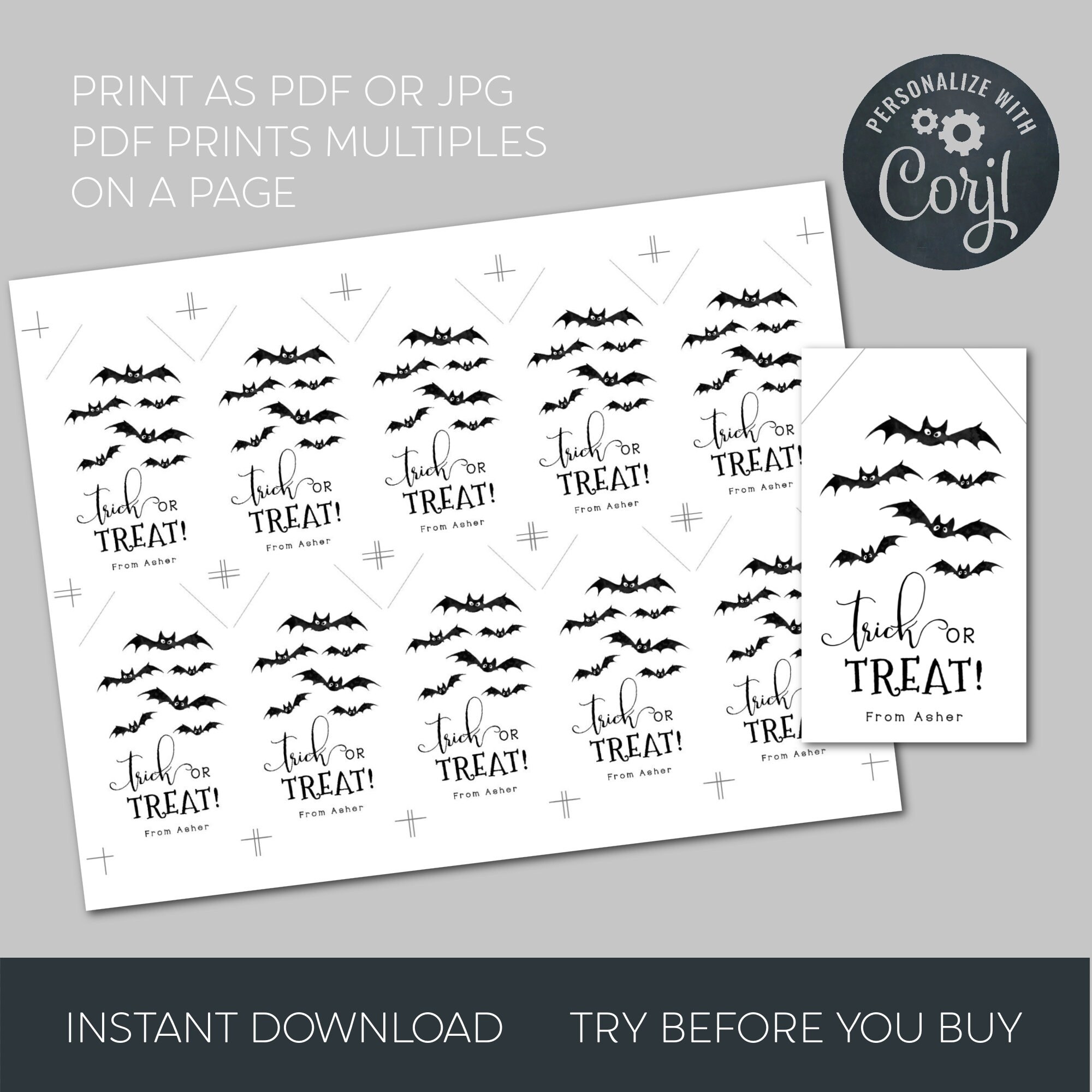 Halloween Bats Gift Tag Template, Printable Trick or Treat Tags ...
