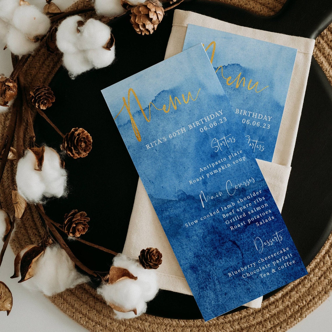 Elegant Blue & Gold Menu Template, Printable Birthday Menu Cards ...