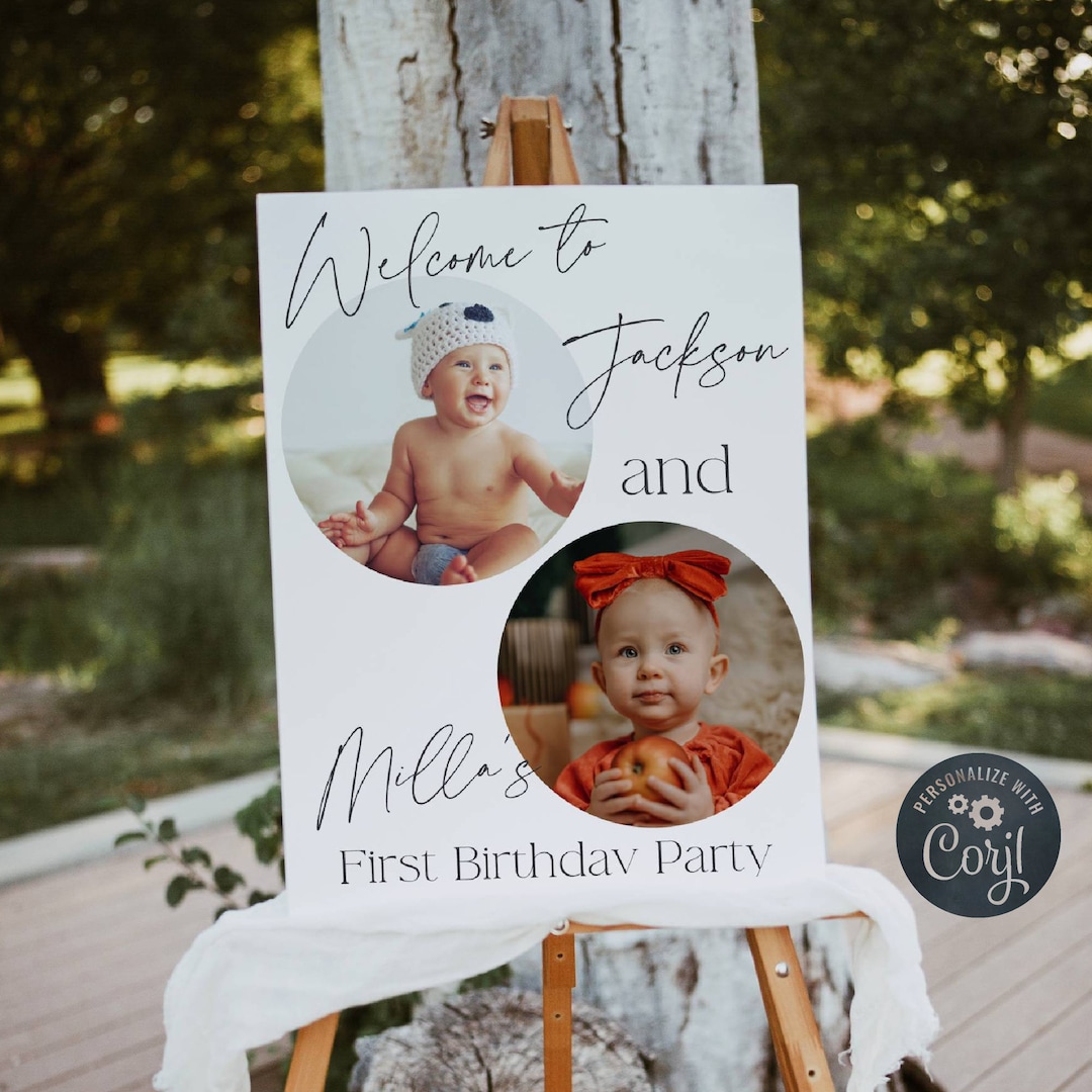 Twins Modern Photo Birthday Welcome Sign Template, Printable Siblings ...