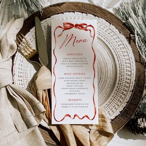 Red Ribbon Christmas Menu Template, Printable Red Bow Holiday Dinner ...