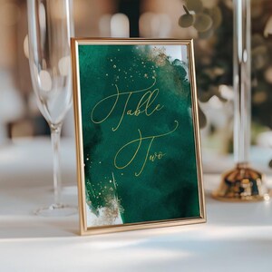Emerald Watercolor Table Number Template, Printable Hunter Green & Gold ...