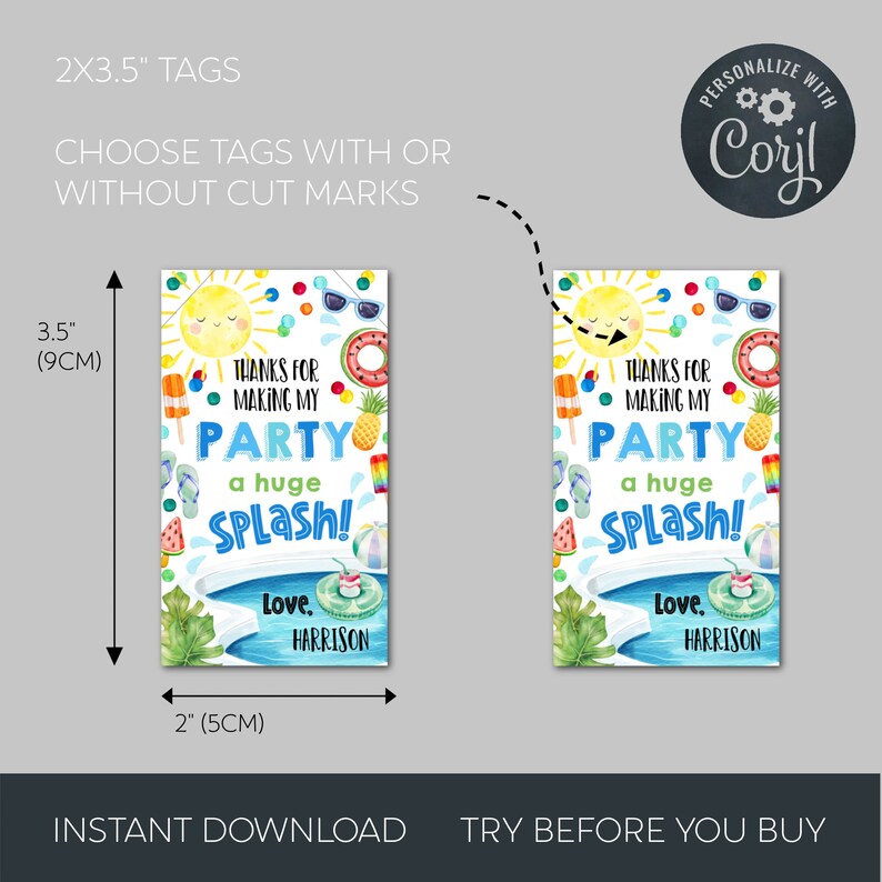Pool Party Favor Tag Template Printable Summer Birthday Thank - Etsy