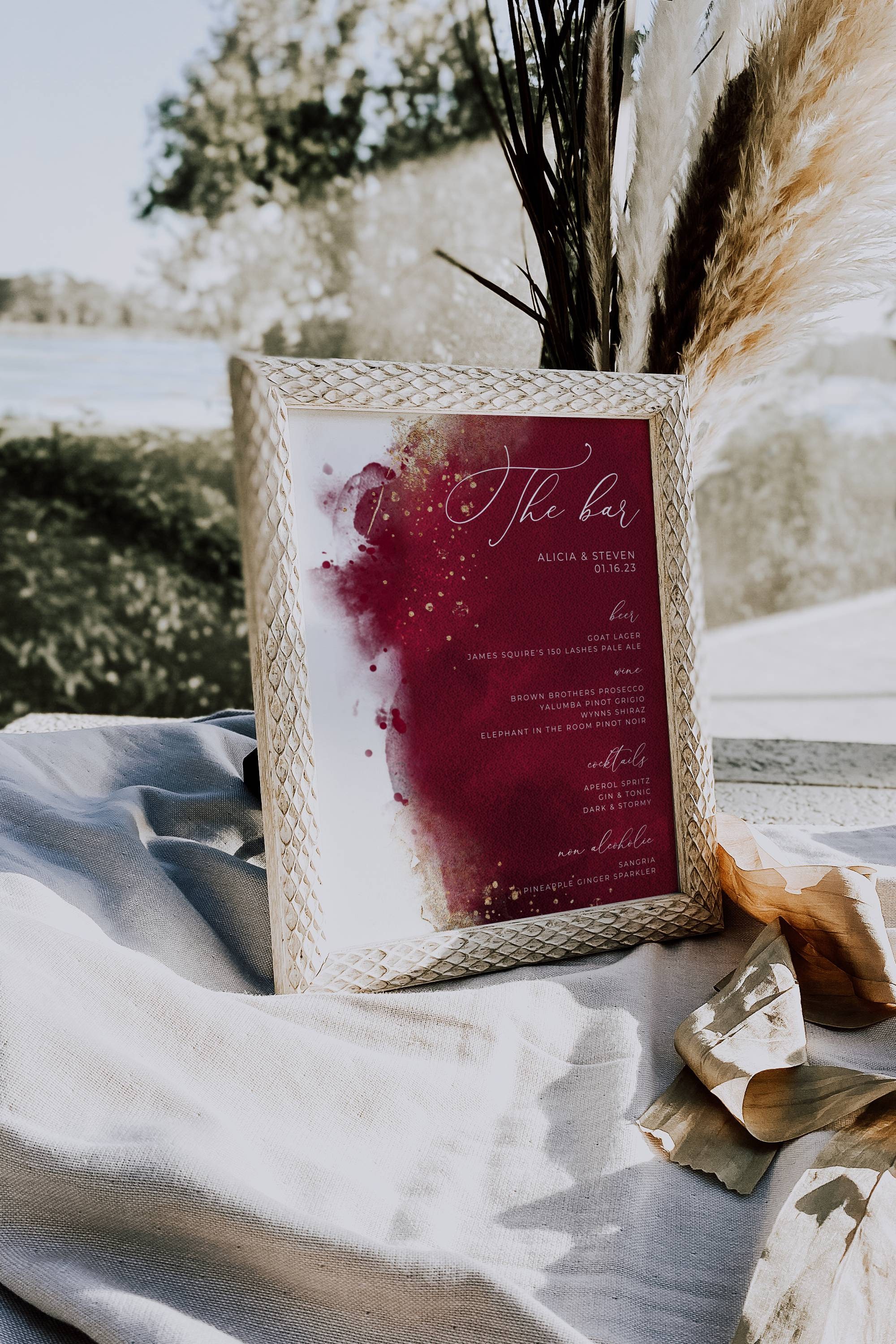 Burgundy Watercolor Bar Menu Template Printable Maroon & Gold | Etsy