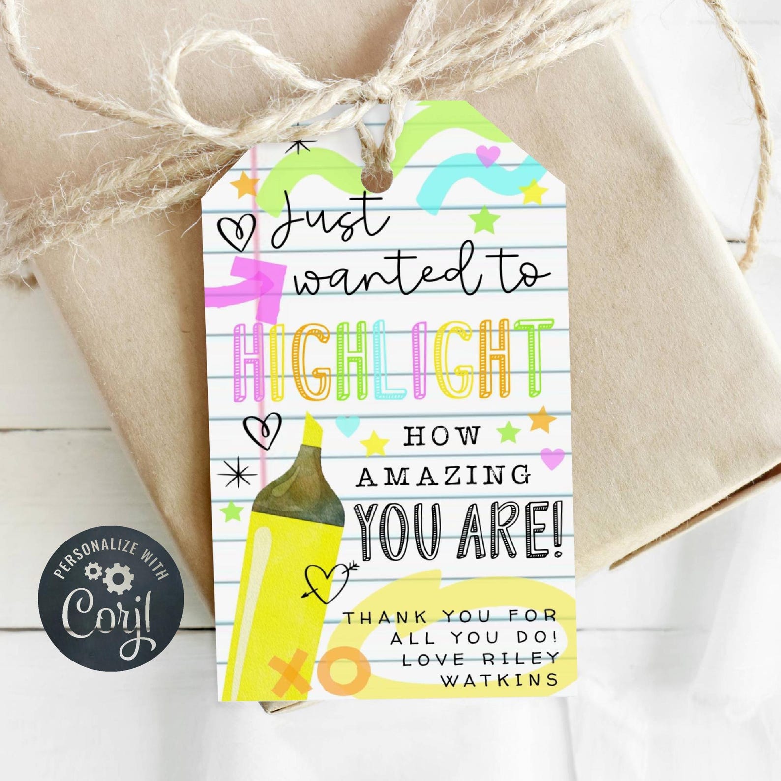 Highlighter Teacher Appreciation Gift Tag Template, Printable Thank You ...