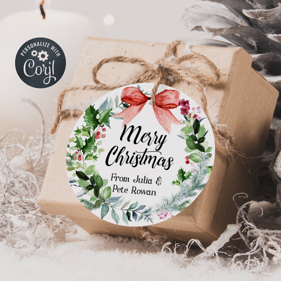 Christmas Wreath Gift Tag Template, Printable Happy Holidays Round ...