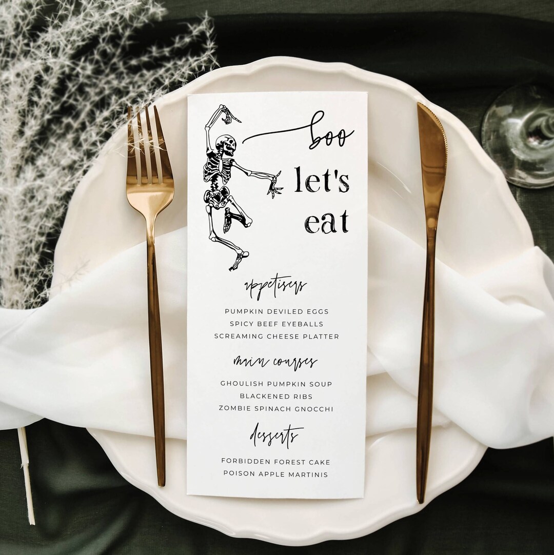 Halloween Dancing Skeleton Menu Template, Printable Spooky Dinner Party ...