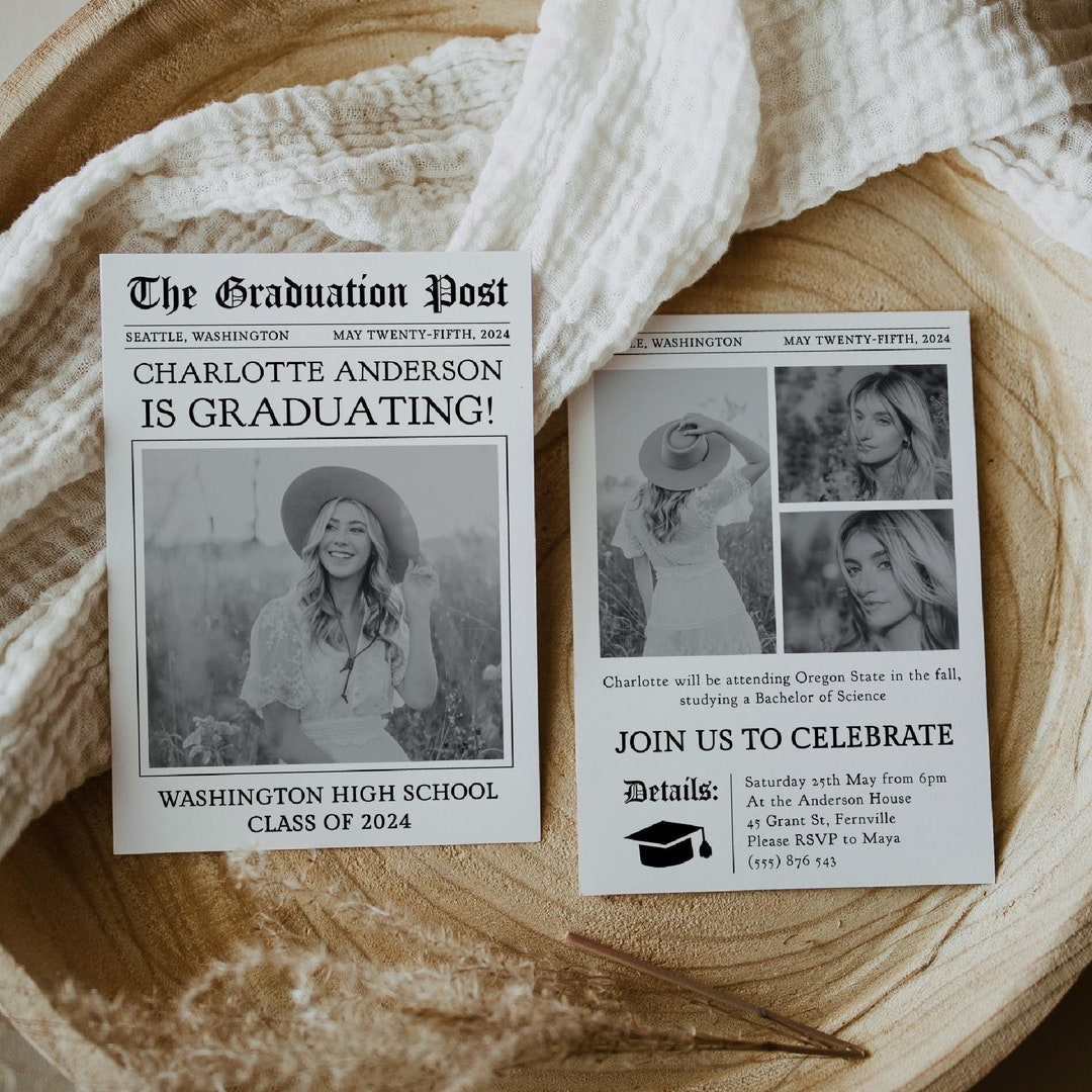 Newspaper Graduation Party Invitation Template, Printable Modern Photo ...