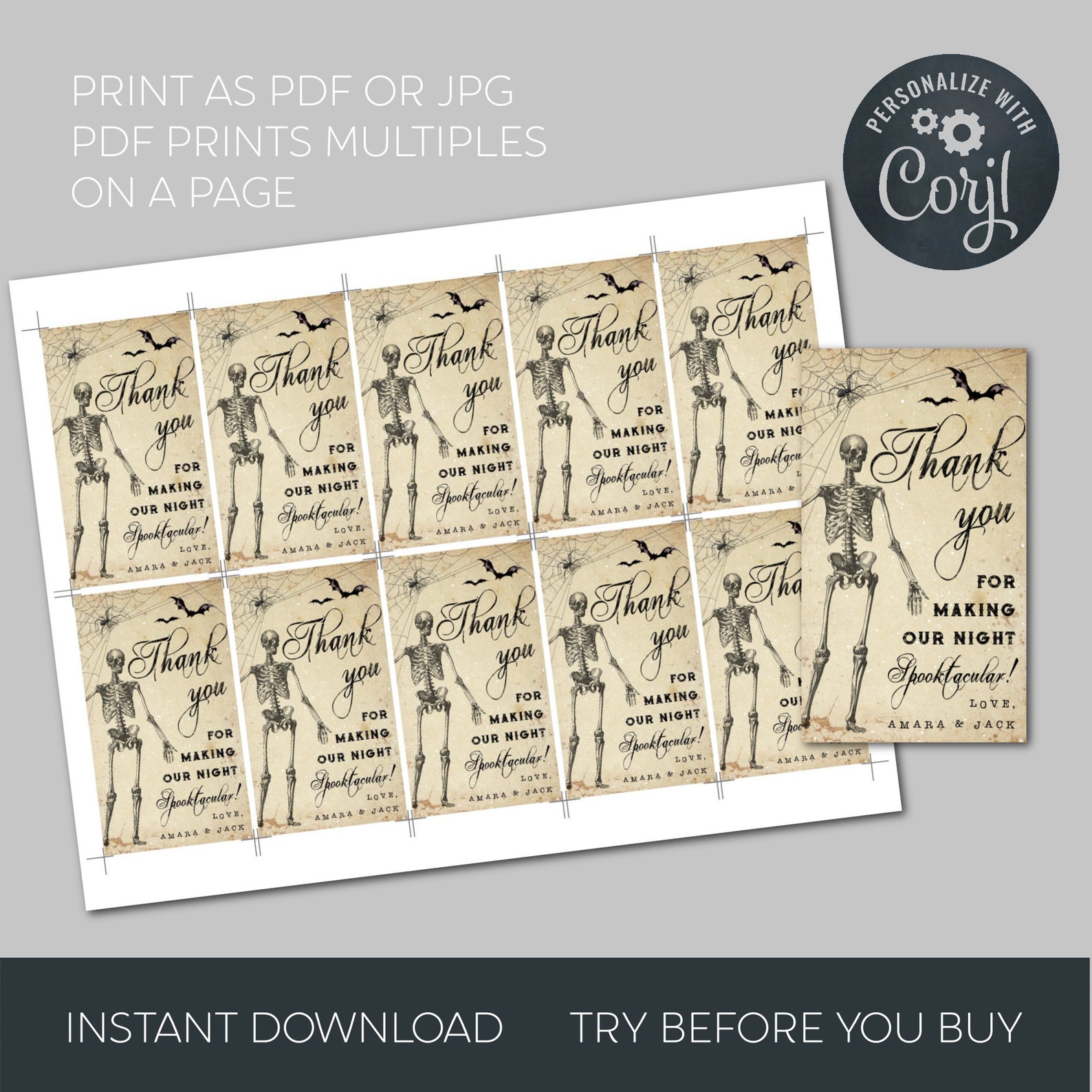Vintage Skeleton Halloween Party Favor Tag Template, Editable ...