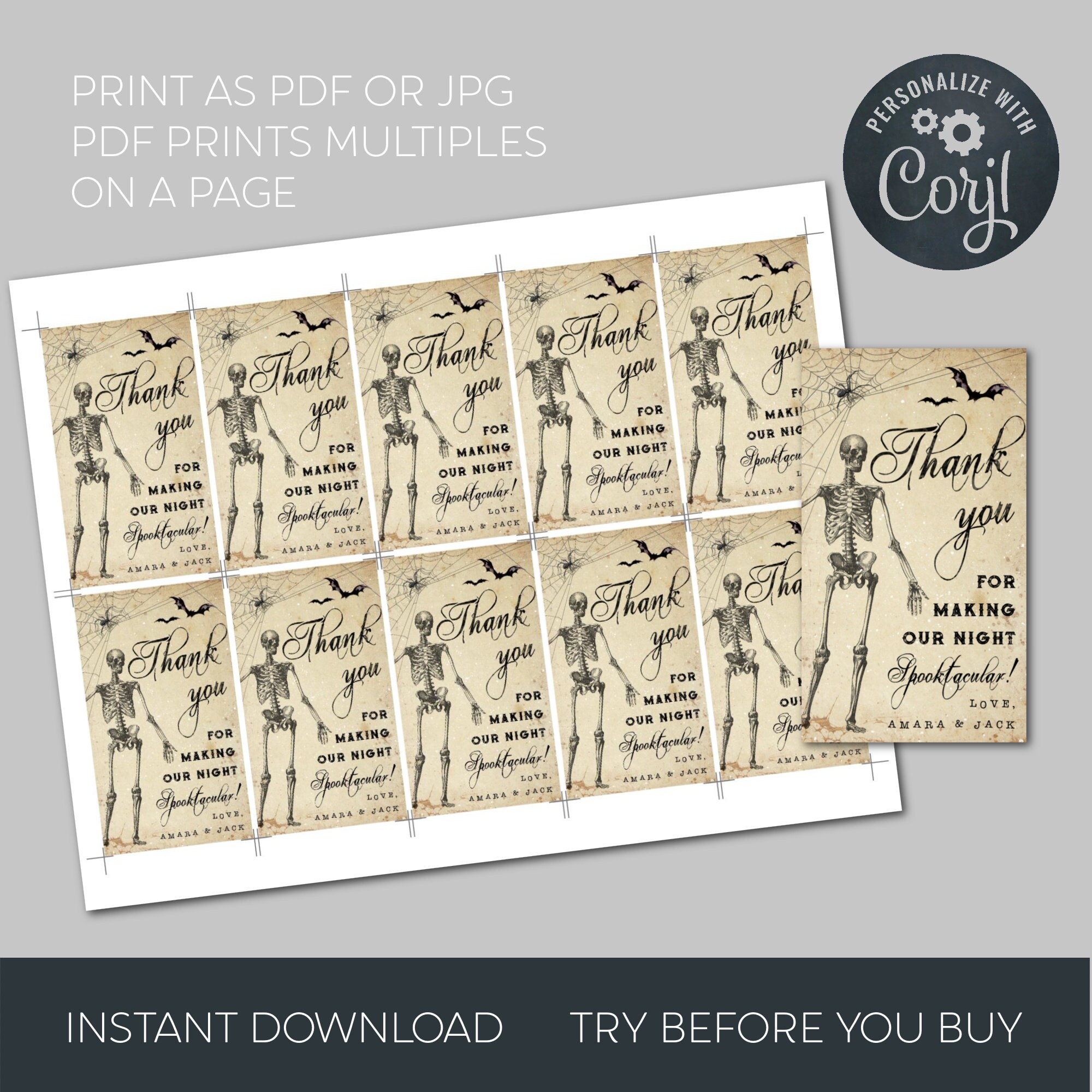 Vintage Skeleton Halloween Party Favor Tag Template, Editable ...