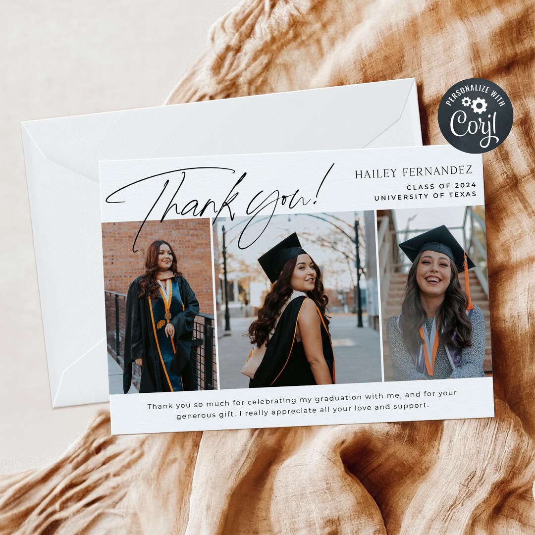 Graduation Photo Thank You Card Template, Printable Modern Graduate ...