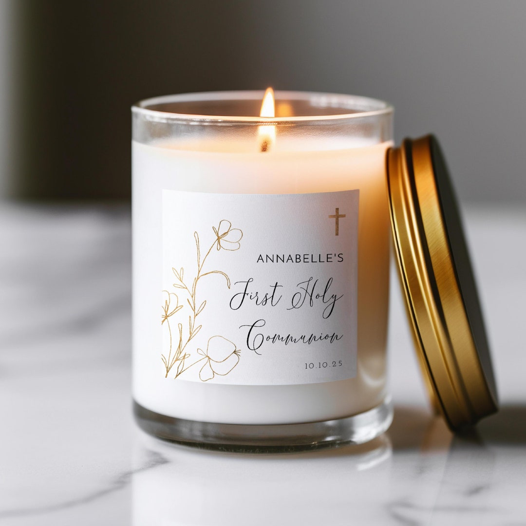 Gold Floral First Holy Communion Candle Label Template Printable