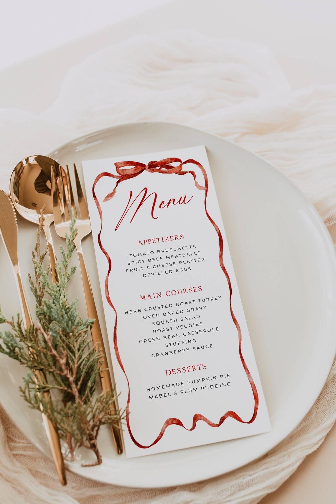 Red Ribbon Christmas Menu Template, Printable Red Bow Holiday Dinner ...