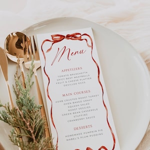 Red Ribbon Christmas Menu Template, Printable Red Bow Holiday Dinner ...