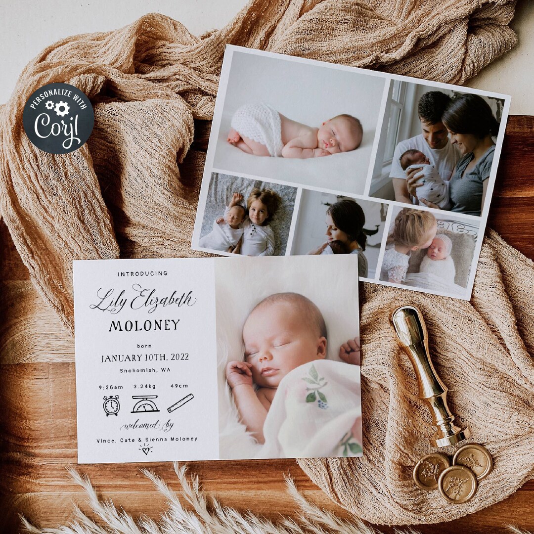 Editable Photo Birth Announcement Template, Printable Birth Stats Card ...
