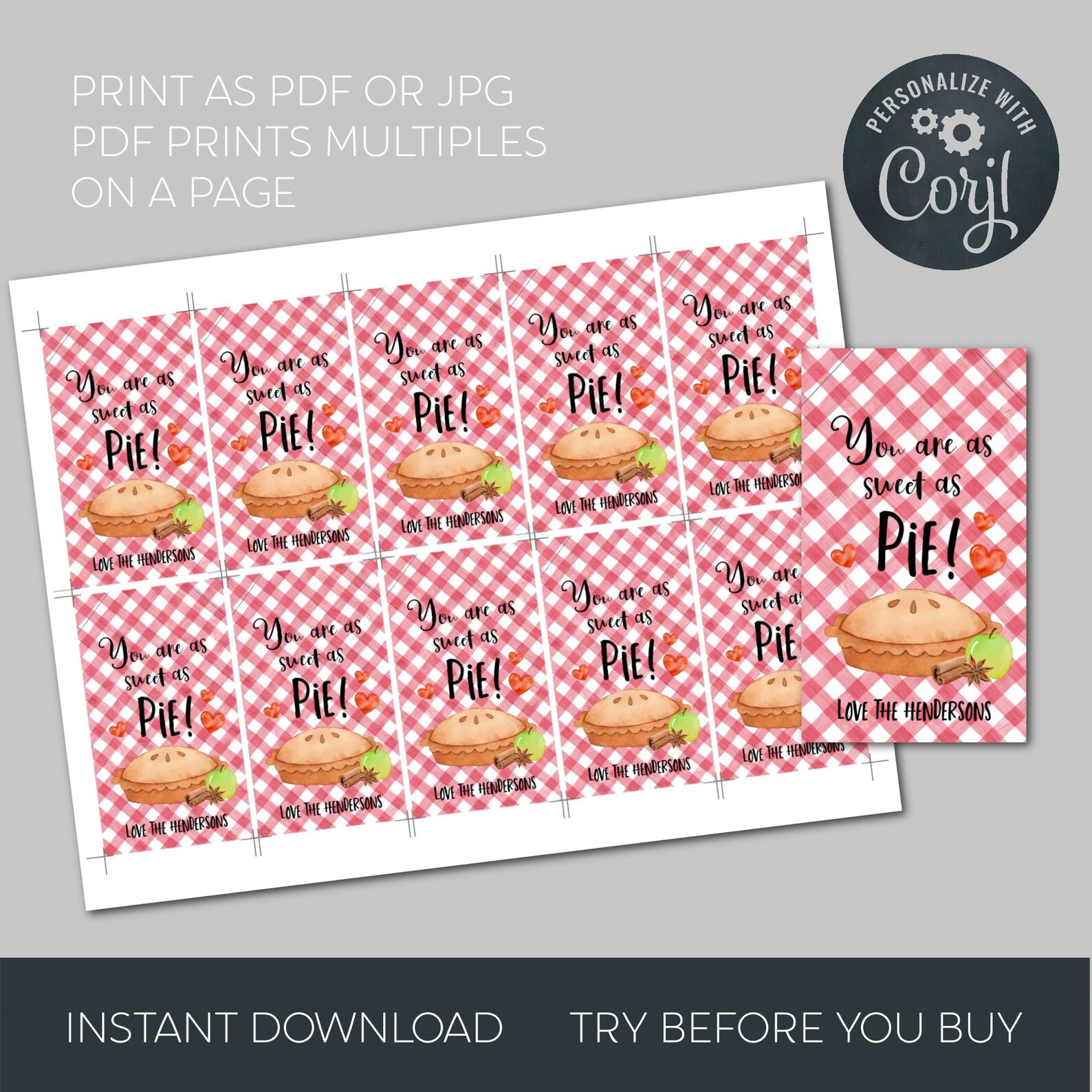 Printable Pie Gift Tag Template, Editable You Are as Sweet as Pie Favor ...