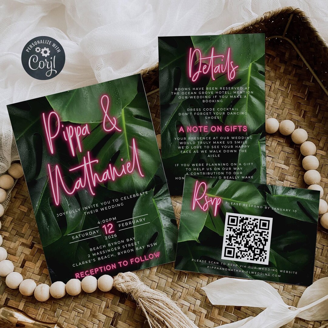 Neon Tropical Wedding Invitation Suite Template, Printable Beach ...