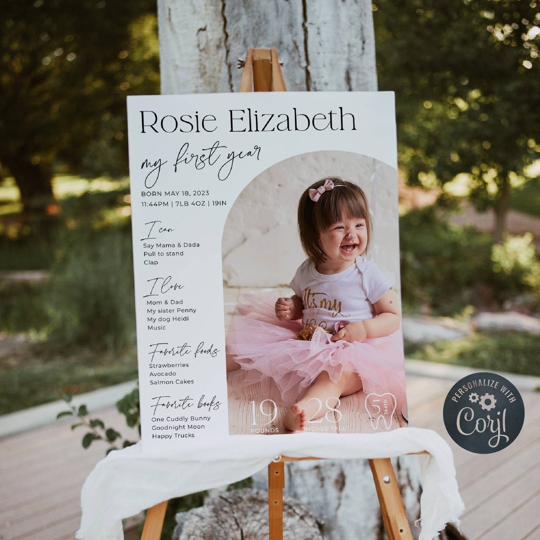 Editable Arch Photo First Birthday Milestone Board Template, Printable ...