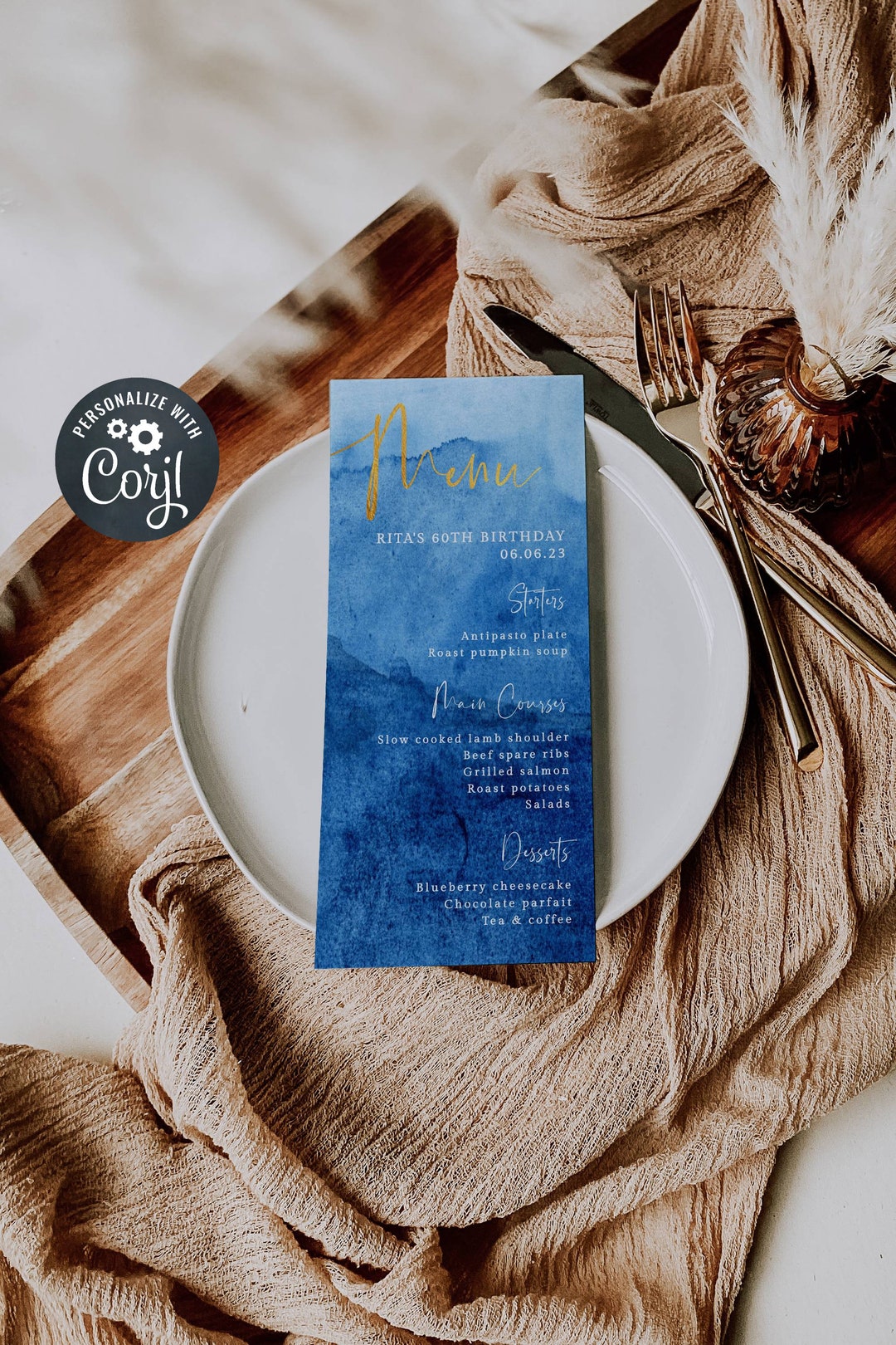 Elegant Blue & Gold Menu Template Printable Birthday Menu - Etsy