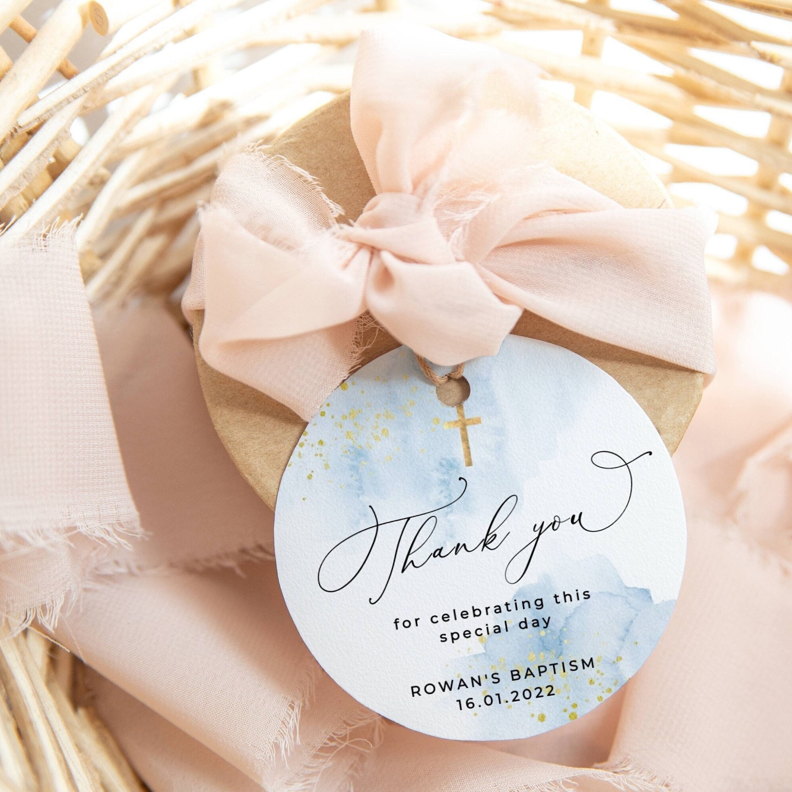 Round Blue & Gold Baptism Favor Tag Template, Printable Christening ...