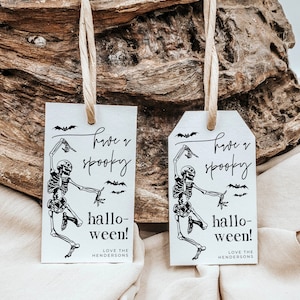 Dancing Skeleton Halloween Gift Tag Template, Printable Spooky Halloween Party Favor Tags ...