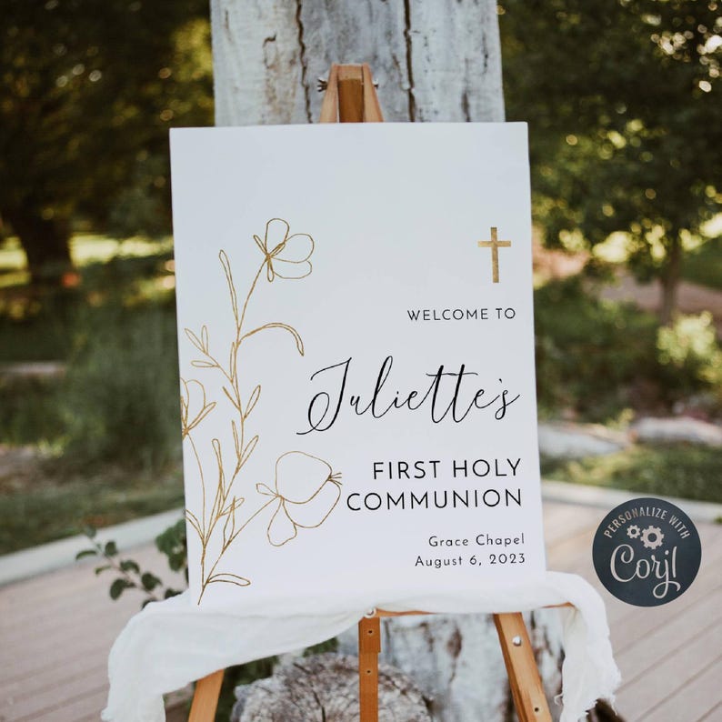 First Communion Welcome Sign Template, Printable Gold Floral 1st ...