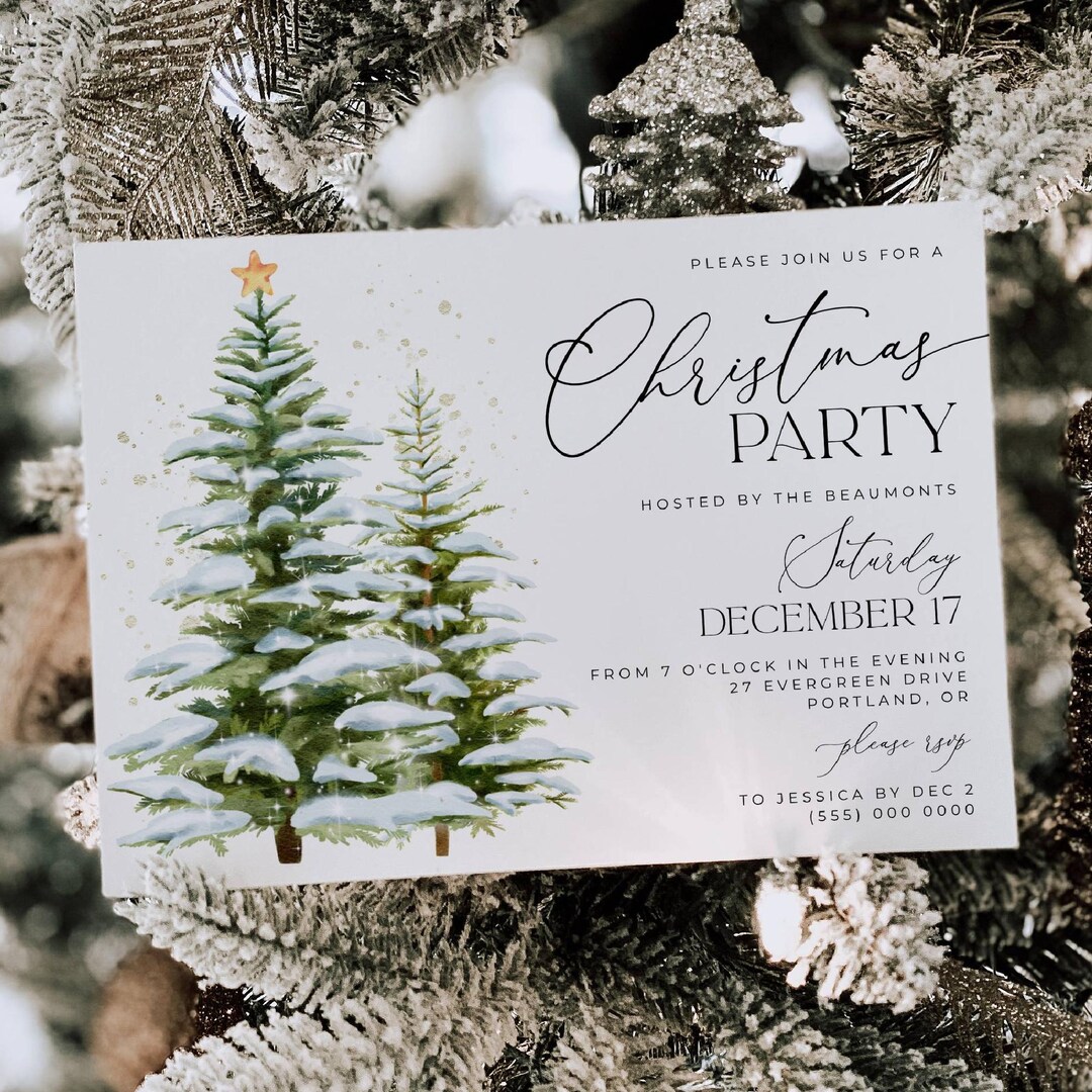 Elegant Christmas Trees Invitation Template, Printable Holiday Party ...