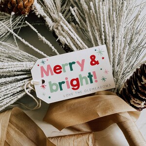 Merry & Bright Christmas Gift Tag Template, Printable Colorful Holiday ...