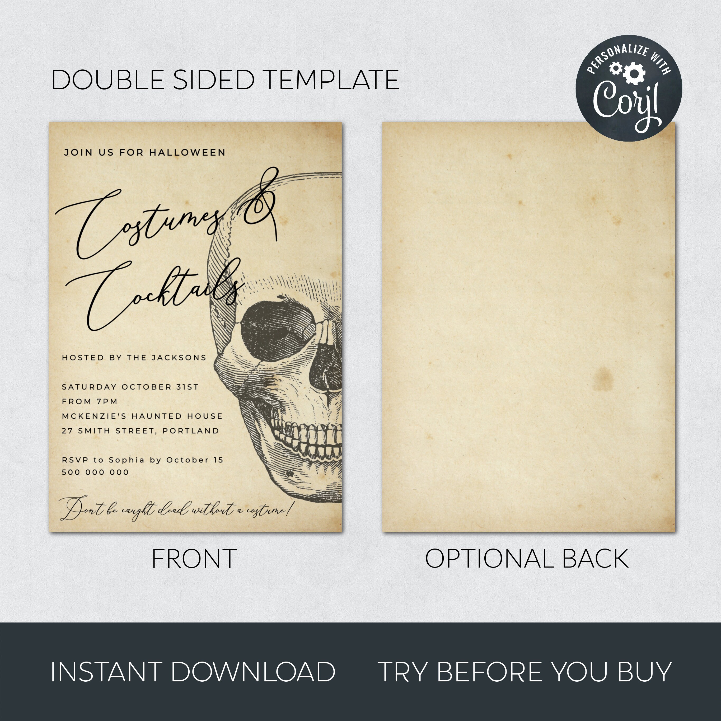 Vintage Skull Halloween Invitation Template, Printable Halloween Party ...
