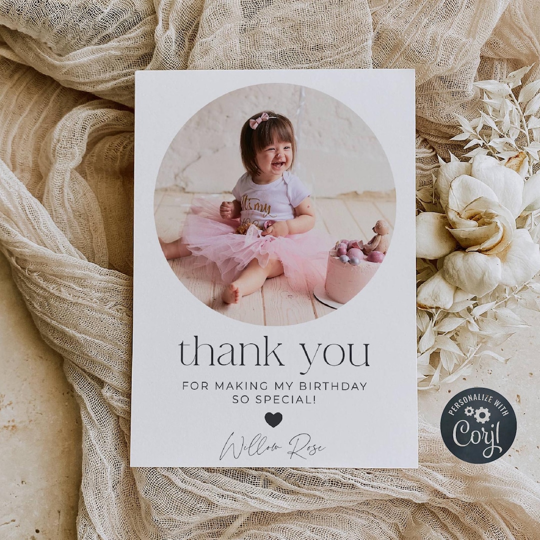 Editable Birthday Round Photo Thank You Card Template, Printable First ...