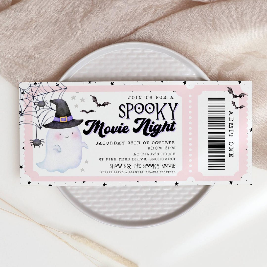 Halloween Spooky Movie Night Ticket Invitation Template, Printable Cute ...