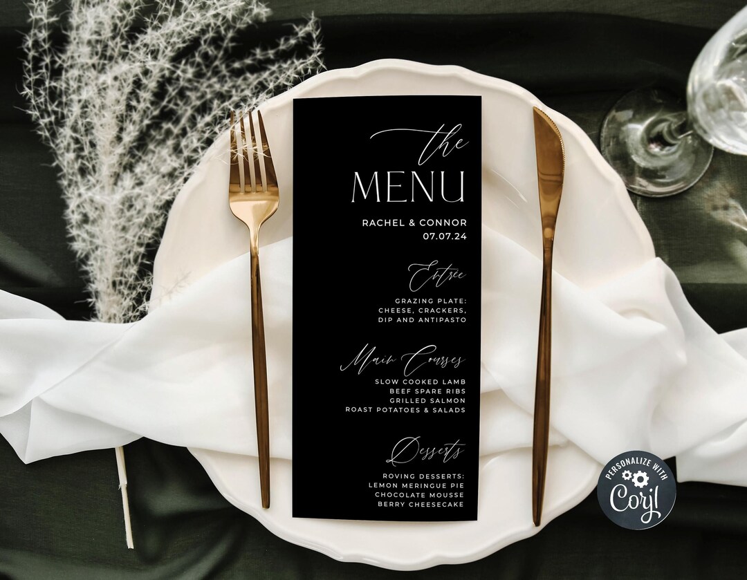 Classic Black Wedding Menu Template Printable Modern Elegant - Etsy