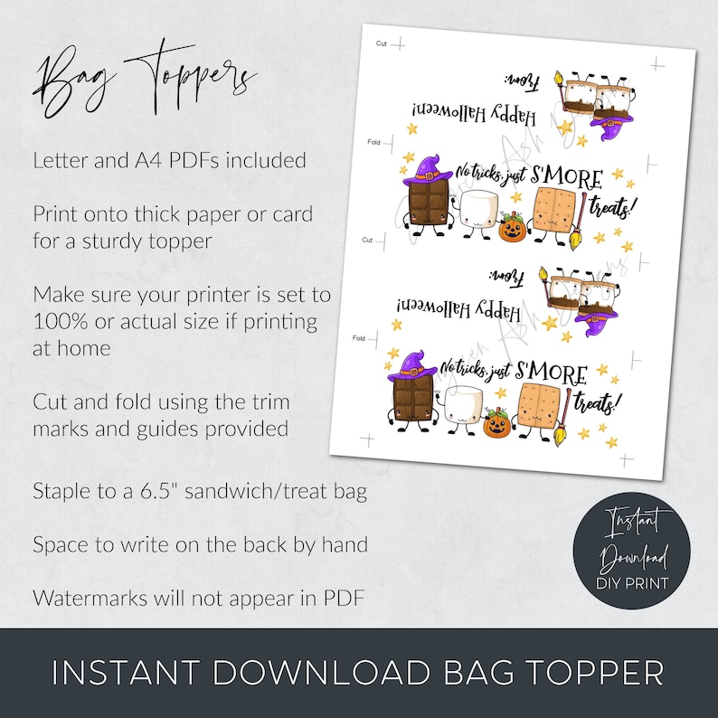 Printable S'mores Halloween Treat Bag Toppers, No Tricks Just S'more ...